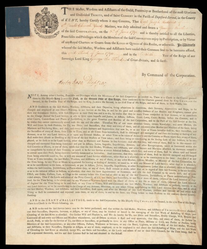 Joseph Huddart’s Certificate of Admittance to Trinity House, the ...