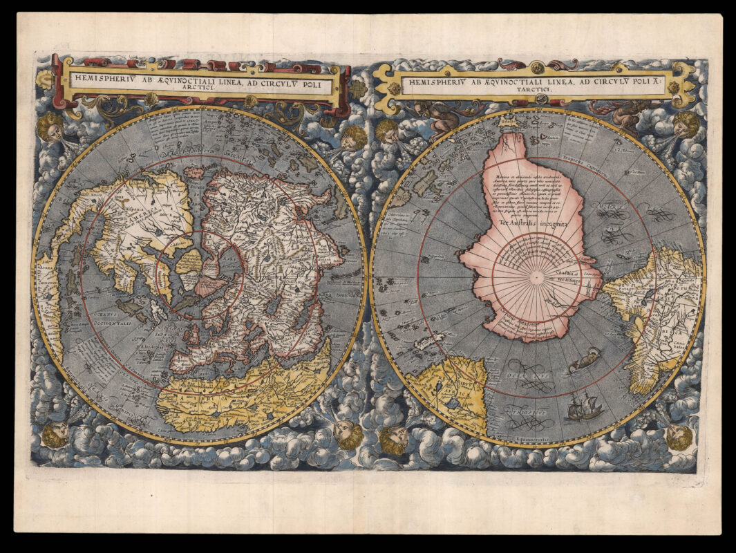 De Jode's striking world map on a north and south polar projection ...